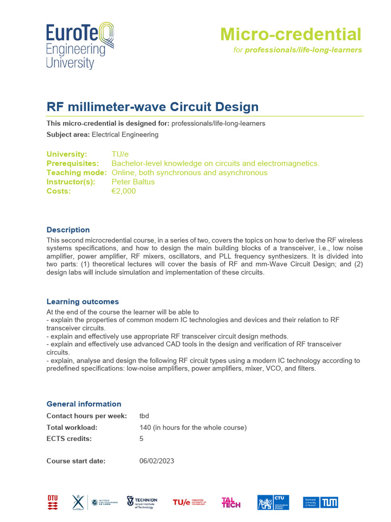 Rf Millimeter Wave Circuit Design Pdf Radio Frequency Telecommunications Engineering