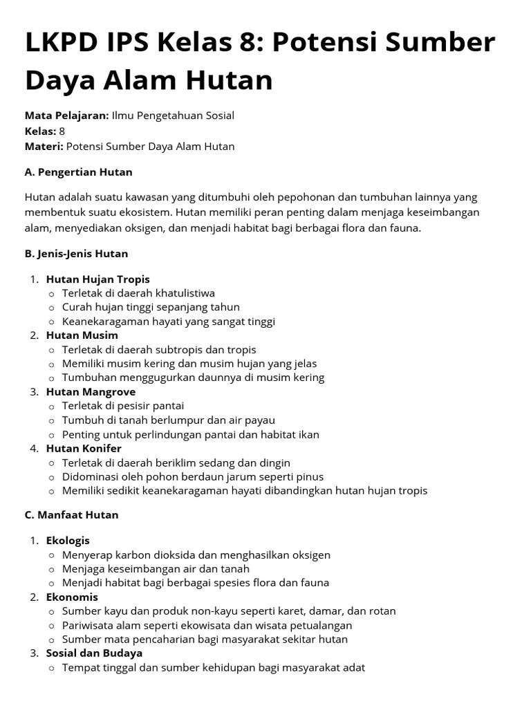 LKPD IPS Kelas 8 Potensi Sumber Daya Alam Hutan | PDF