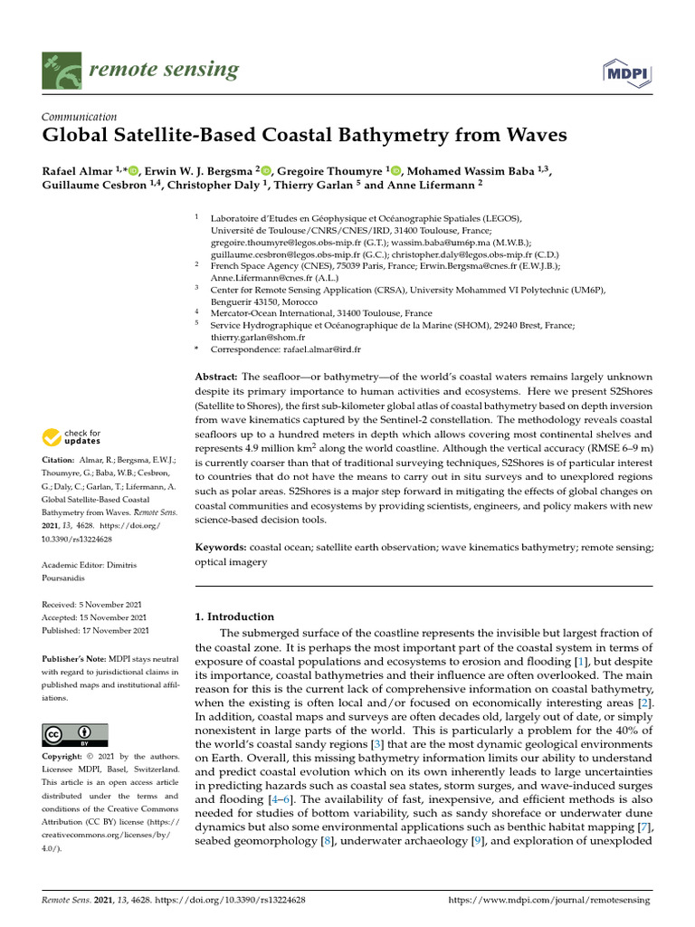 Remotesensing 13 04628 Global Satellite Based Coastal Bathymetry From Waves Pdf Earth