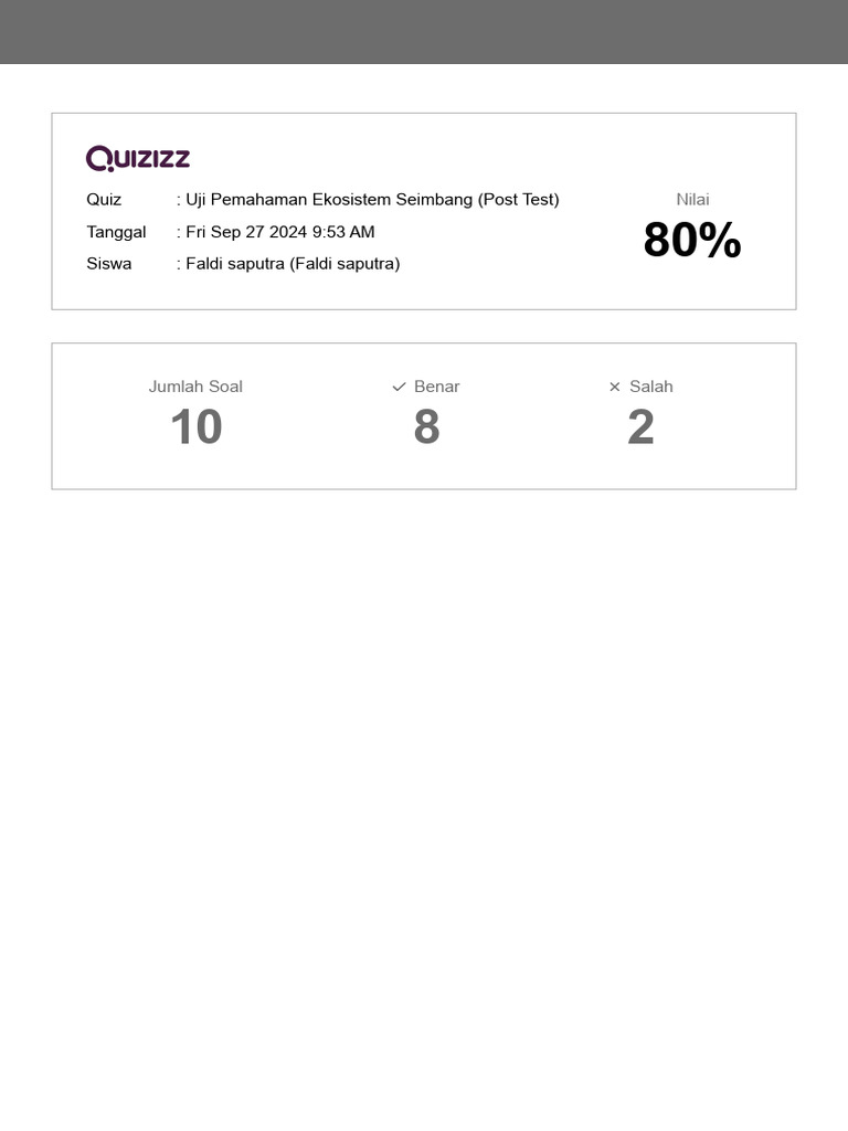 Uji Pemahaman Ekosistem Seimbang (Post Test) Faldi Saputra Summary | PDF