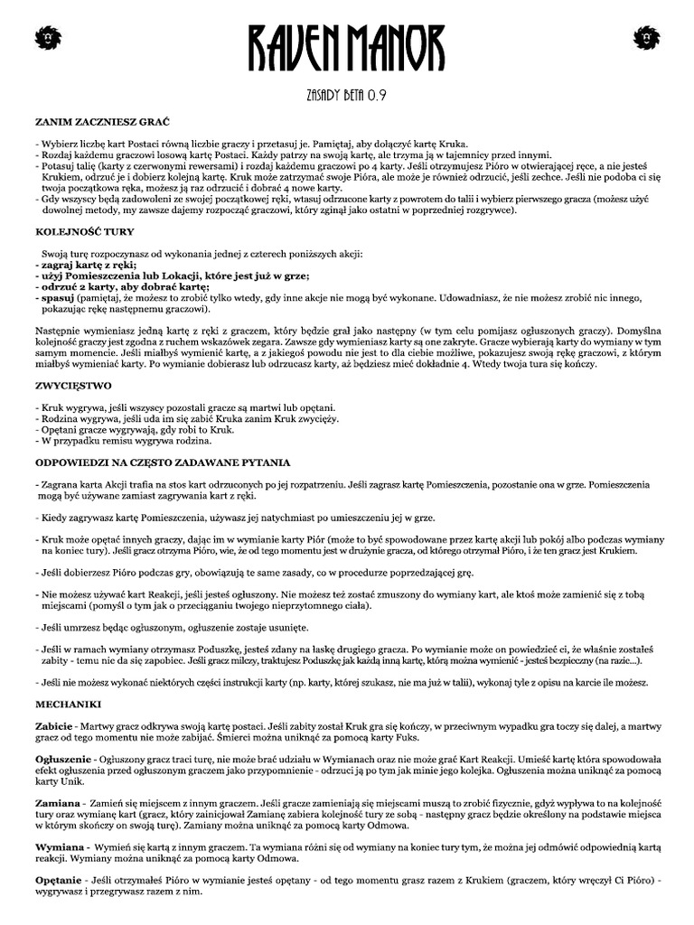 RAVEN MANOR ZASADY BETA V.0.9 | PDF