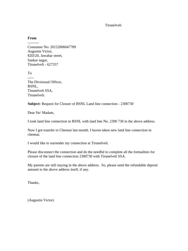 Request to Close BSNL Landline Connection | PDF