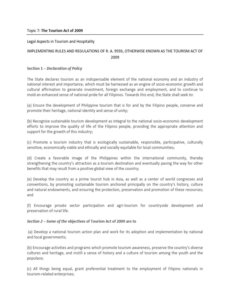 WK 7 Lecture 1 - The Tourism Act of 2009 | PDF | Tourism | Economies