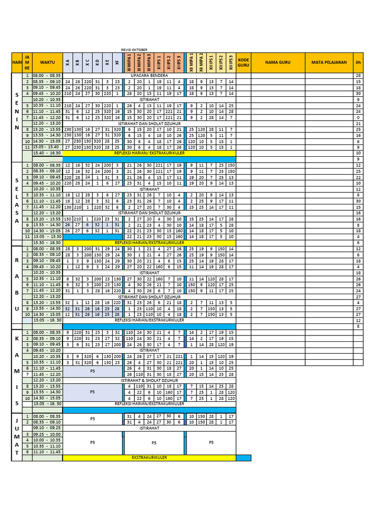 Jadwal Pelajaran 2024-2025_Revisi Oktober | PDF