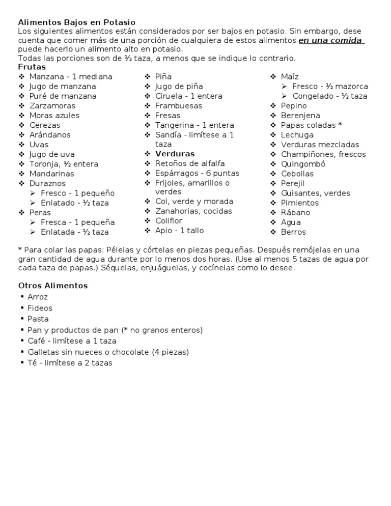 Alimentos Bajos en Potasio | PDF