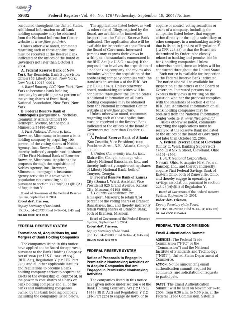 Federal Register: / Vol. 69, No. 178 / Wednesday, September 15, 2004 ...