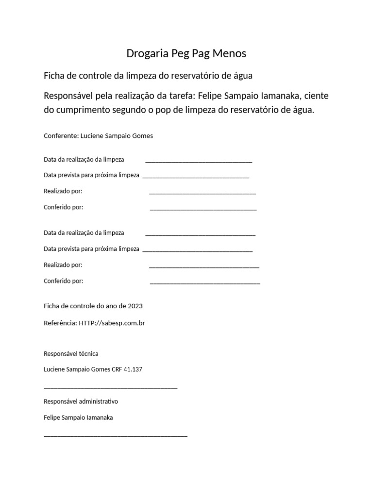 Ficha Limpeza Da Caixa D Agua | PDF Ficha Limpeza Da Caixa D Agua | PDF