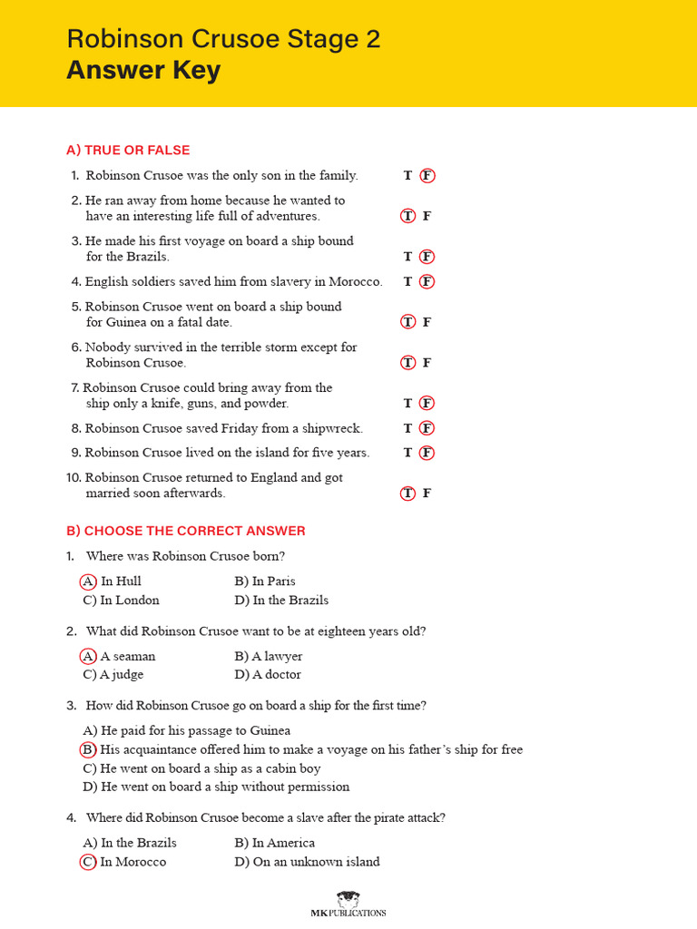 Robinson Crusoe Stage 2 - Answer Key | PDF | Robinson Crusoe