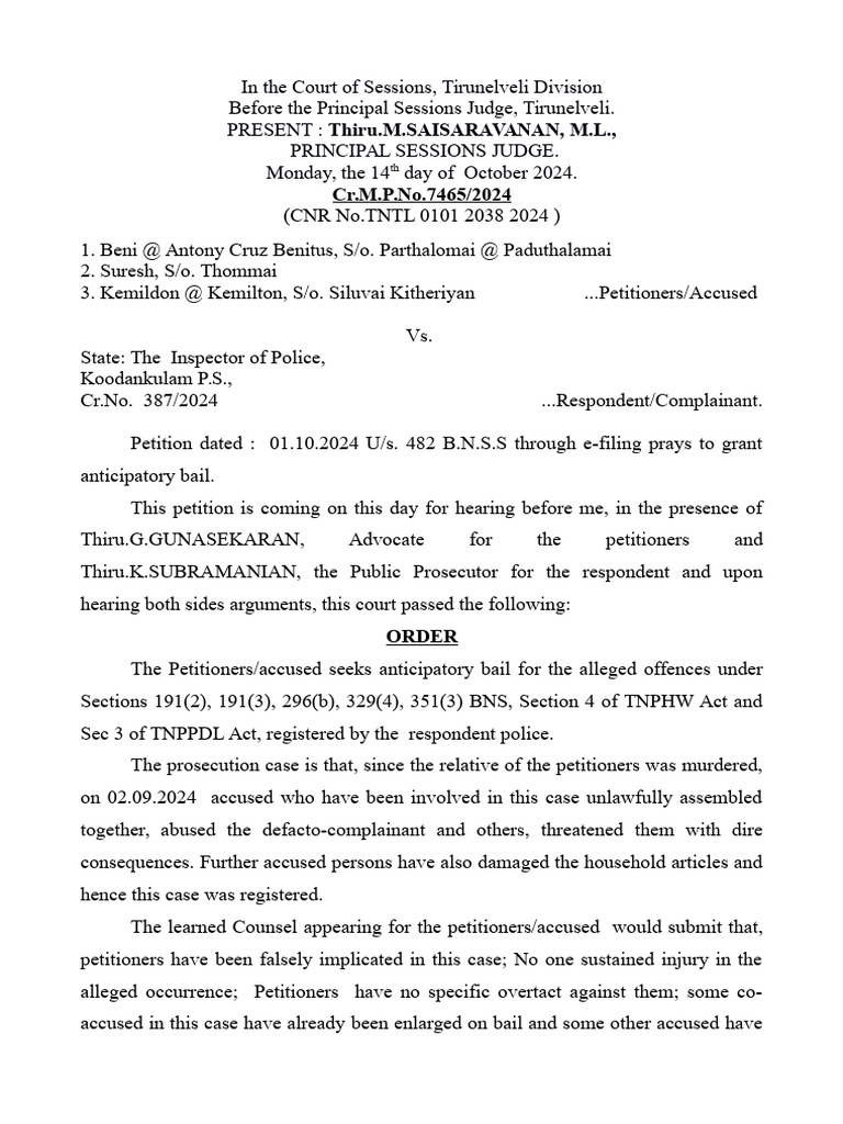 Anticipatory Bail Order in Tirunelveli Case | PDF | Bail | Misconduct
