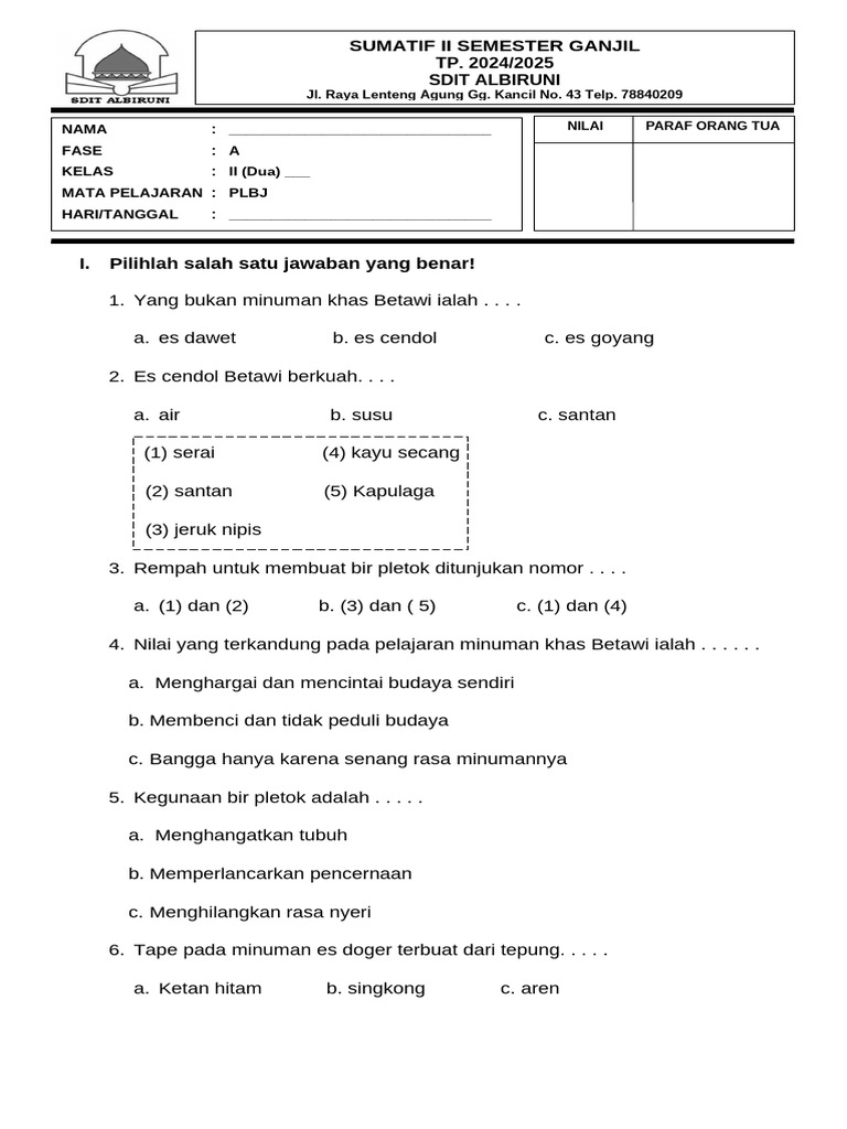 SUMATIF II PLBJ KLS 2 2024 | PDF