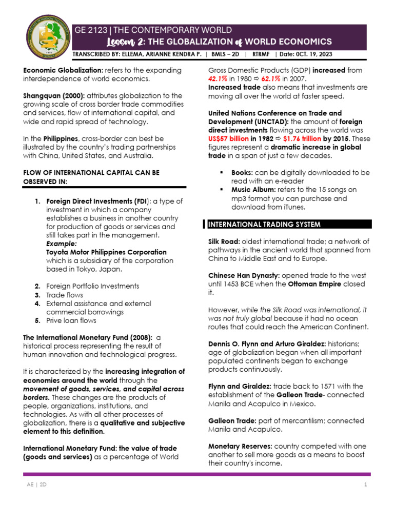 Contemporary World Lesson 2 | PDF | Gold Standard | Money