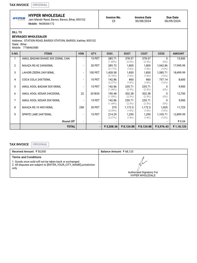 Bevrages Wholesaler Sales Invoice 23 | PDF | Government Finances | Payments