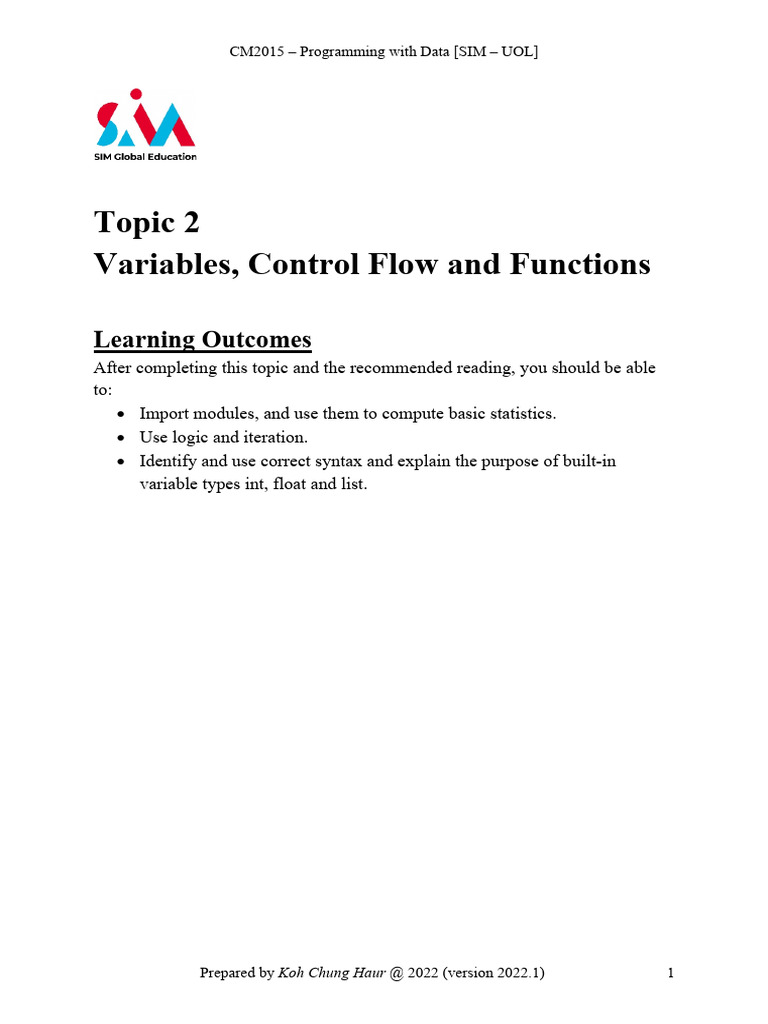 02 - CM2015 - Variables, Control Flow and Functions (2022-10) | PDF | Control Flow | Variable ...