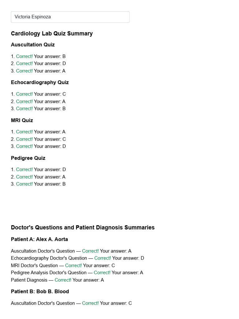 Cardiology Lab Quiz Results Summary | PDF