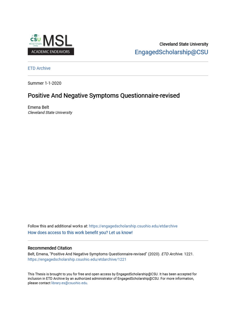 Positive and Negative Symptoms Questionnaire-revised (1) | PDF ...