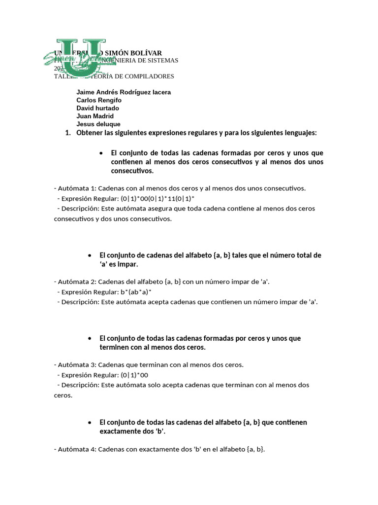 Taller1 Teoria de - Compiladores 2024-2 | PDF | Expresión regular | Función (Matemáticas)