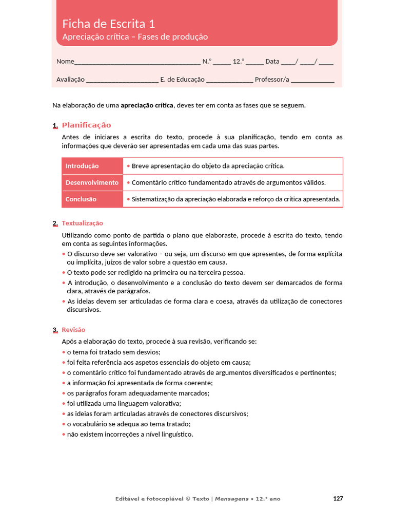 Fases da Apreciação Crítica Escrita | PDF