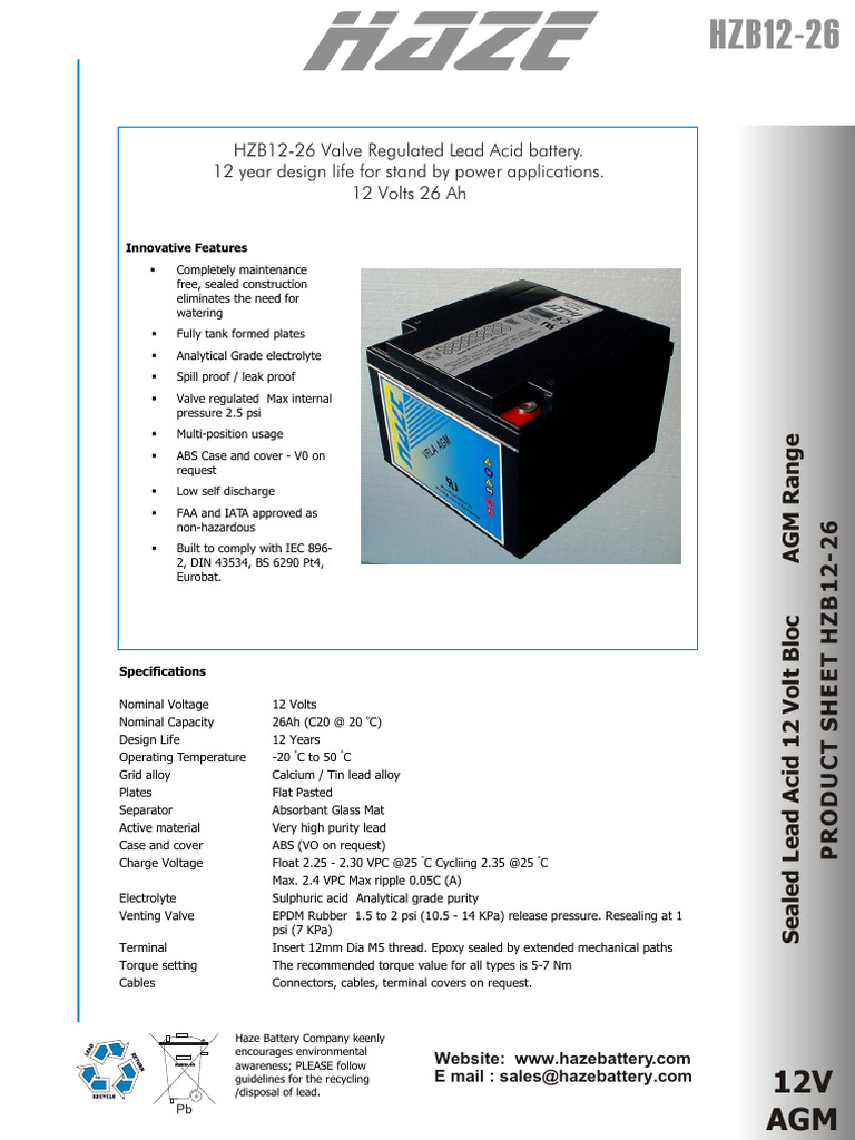 Especificaciones de la bateria haze-hzb12-26. | PDF | Battery (Electricity) | Energy Storage