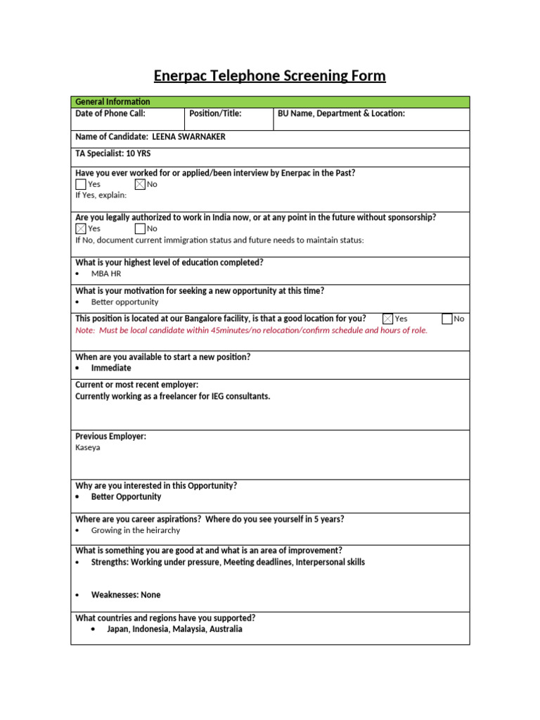 Bangalore Enerpac Telephone Screening Form | PDF | Career & Growth ...