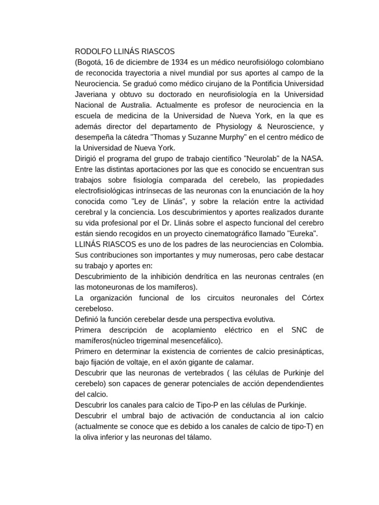 Rodolfo Llinás Riascos Biografia | PDF | Neurona | Neurociencia