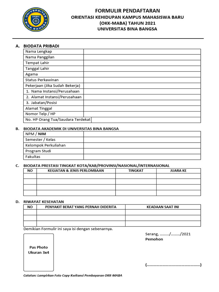 Formulir Pendaftaran OKK 2021 | PDF