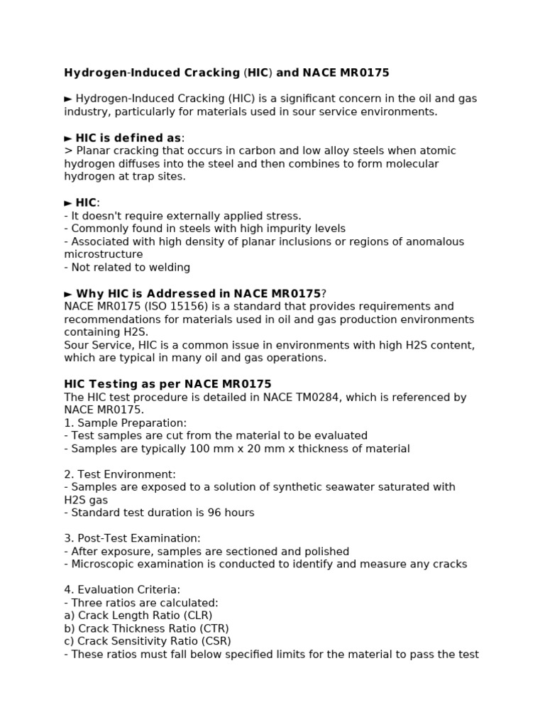 Induced Cracking (HIC) and NACE MR0175 | PDF
