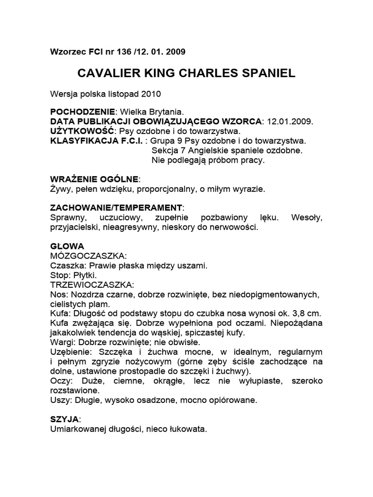 Cavalier King Charles Spaniel: Wzorzec FCI NR 136 /12. 01. 2009 | PDF