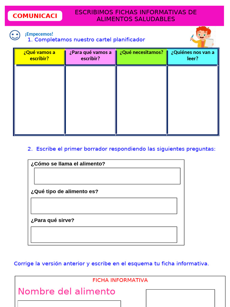 D4 A1 Ficha Com. Escribimos Fichas Informativas de Alimentos Saludables ...