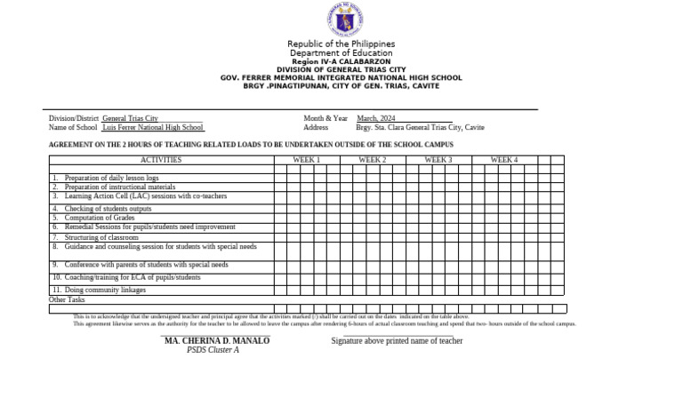 Agreement Form 2024 - Sta. Clara - March | PDF | Teachers | Learning