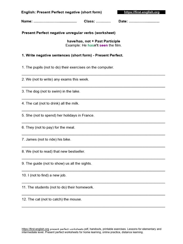 Present Perfect Negative Worksheet | PDF