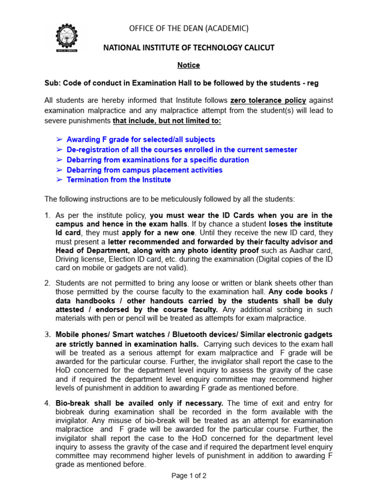 Instructions For Students To Be Followed in Examination Halls | PDF