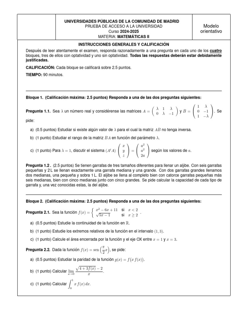 2025 Modelo Matematicas II | PDF | Matriz (Matemáticas) | Matemáticas Aplicadas