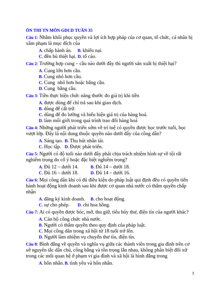 ÔN TẬP THI TN TUẦN 35 MÔN GDCD | PDF