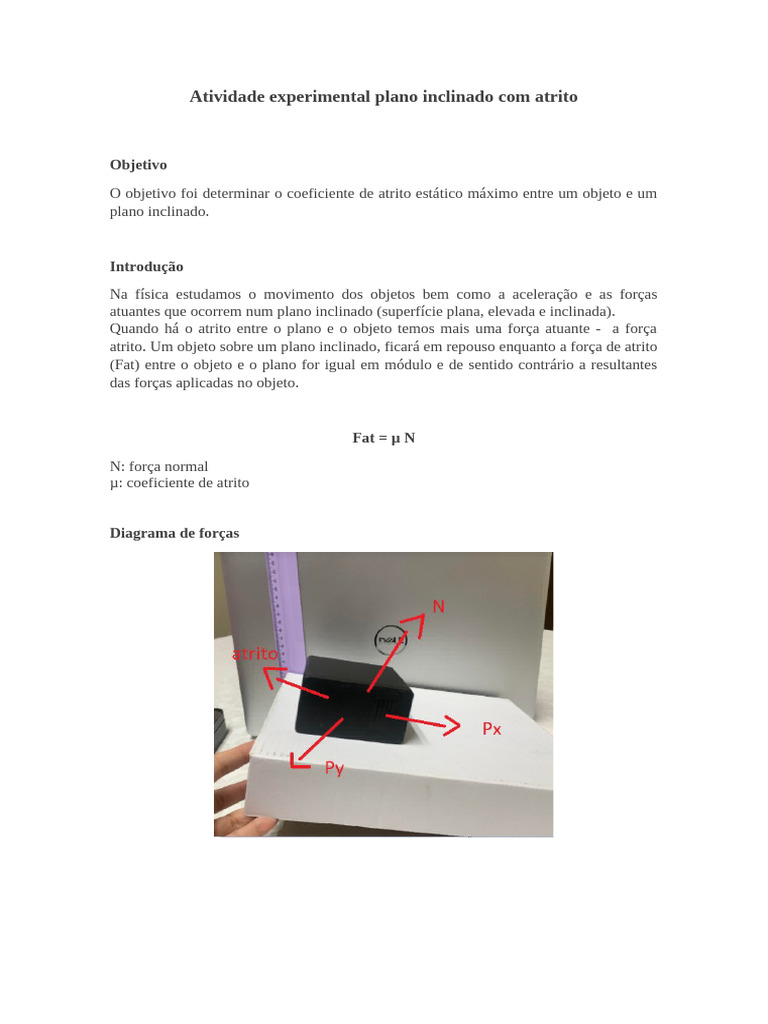 Atividade experimental plano inclinado com atrito | PDF Atividade experimental plano inclinado com atrito | PDF