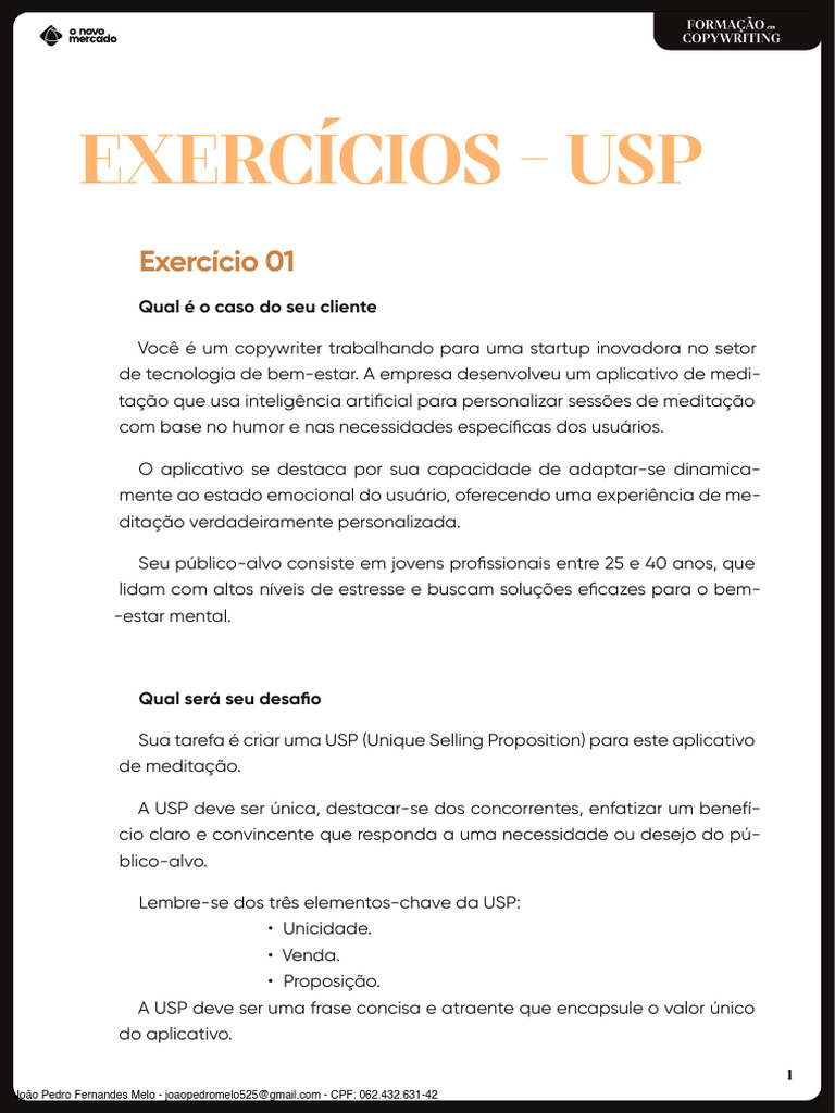 ONM - CLASSE-COPYWRITING - Exercícios - USP | PDF | Empresa Startup | Microempresas e Empreendedores