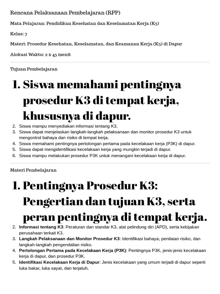Rencana Pelaksanaan Pembelajaran (RPP) k3 | PDF