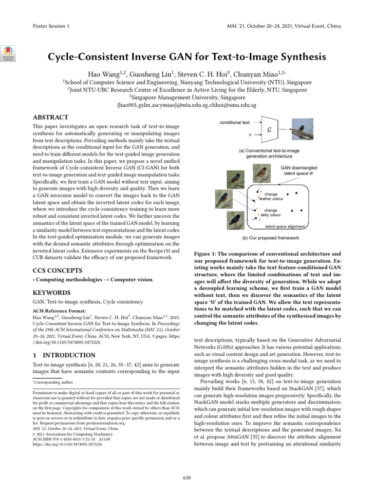 Cycle-Consistent Inverse GAN For Text-to-Image Synthesis - 3474085.3475226 | PDF | Cognitive ...