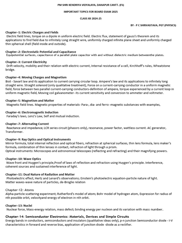 Xii Important Topics 2024-25 | PDF | Atoms | Magnetic Field