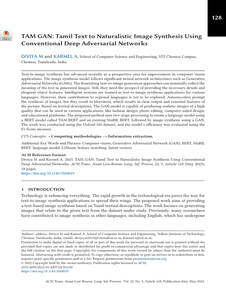 TAM GAN - Tamil Text To Naturalistic Image Synthesis Using Conventional Deep Adversarial ...