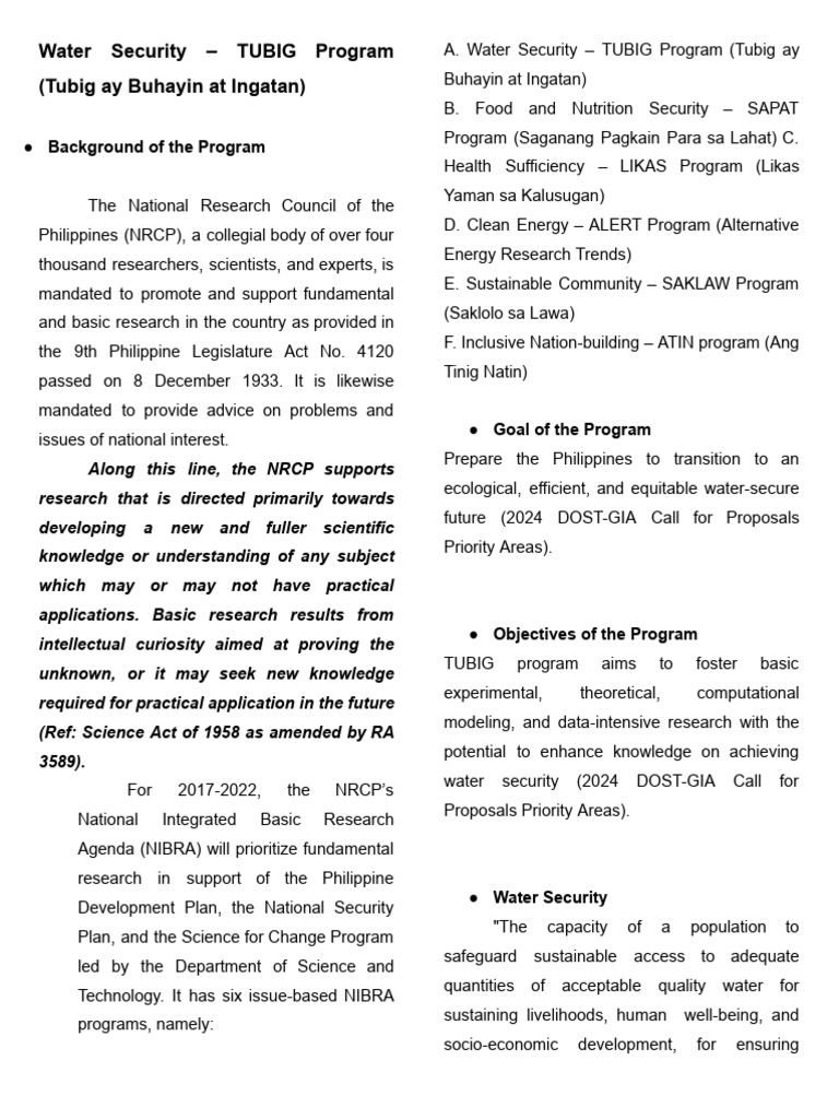 Water Security: TUBIG Program Overview | PDF | Drinking Water | Water ...
