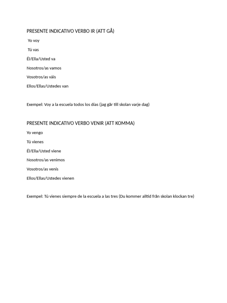 Presente Indicativo Verbos Ir y Venir | PDF