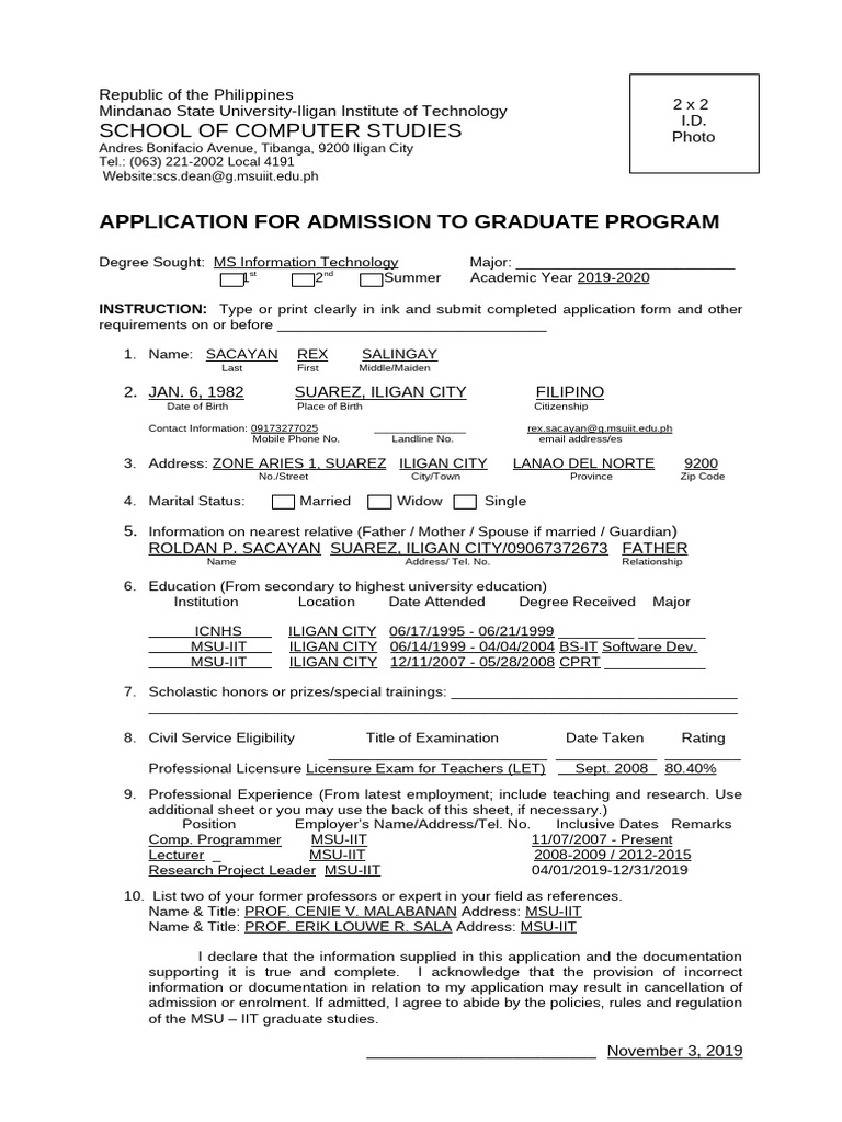 SCS FORM Application for Admission Form2015 | PDF | University And ...