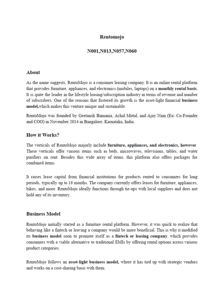 Rentomojo - N001, N013, N057, N060 | PDF | Subscription Business Model ...