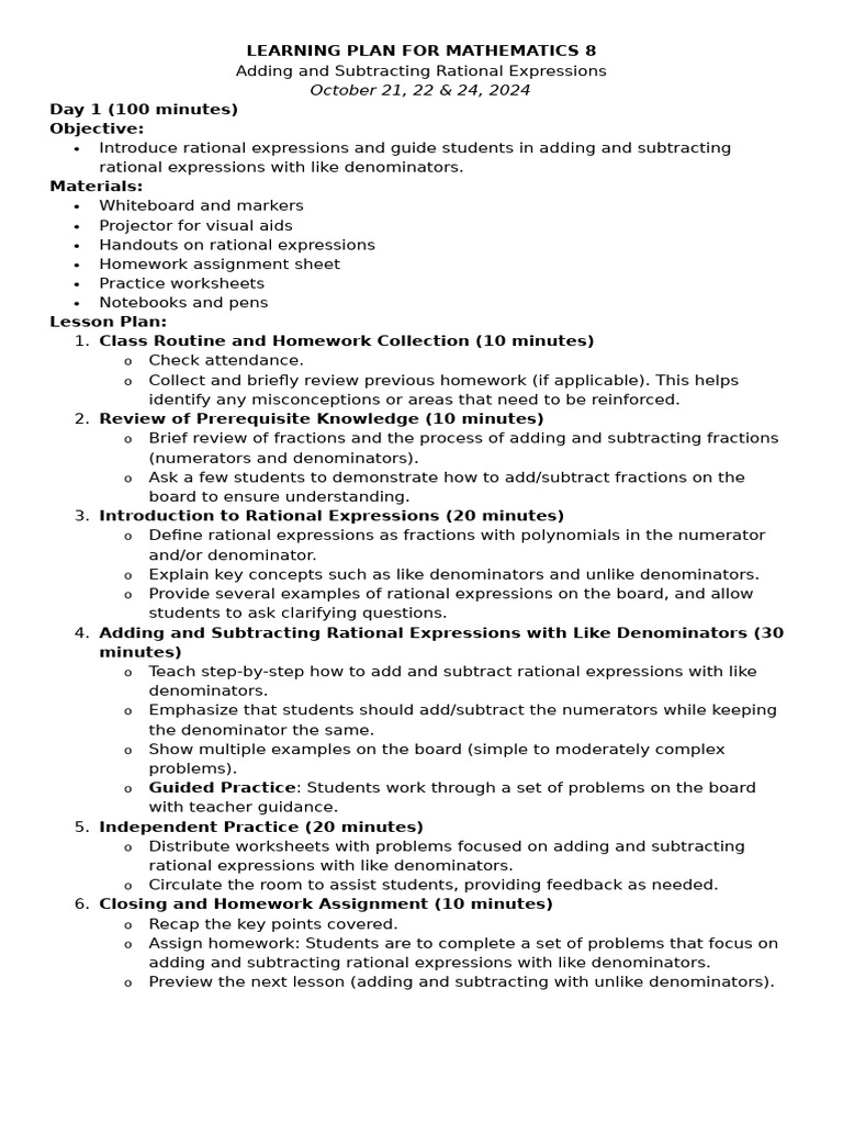3 Adding and Subtacting Rational Expressions | PDF | Rational Number | Lesson Plan