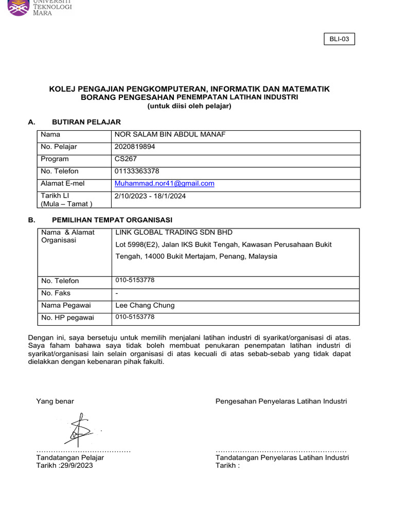 BLI-03 Borang Pengesahan Penempatan | PDF | Bisnis