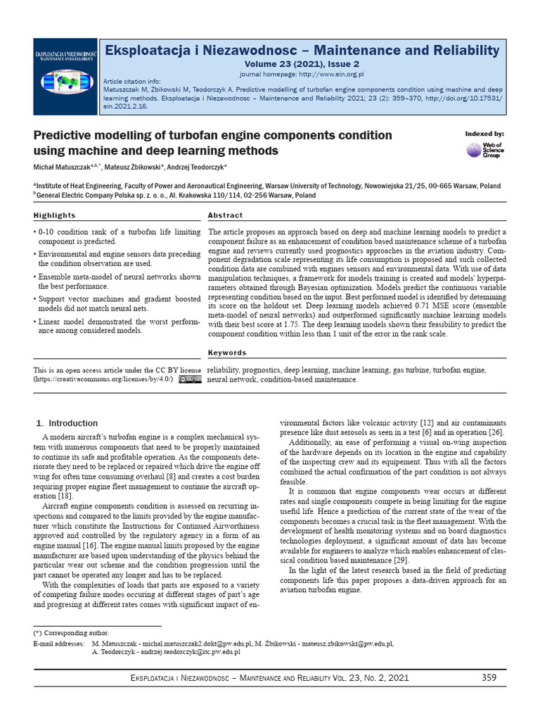 Predictive Modelling of Turbofan Engine Components Condition Using Machine and Deep Learning ...