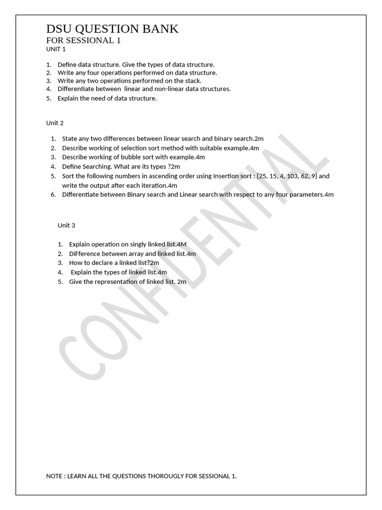 DSU Question Bank for Sessional 1 | PDF