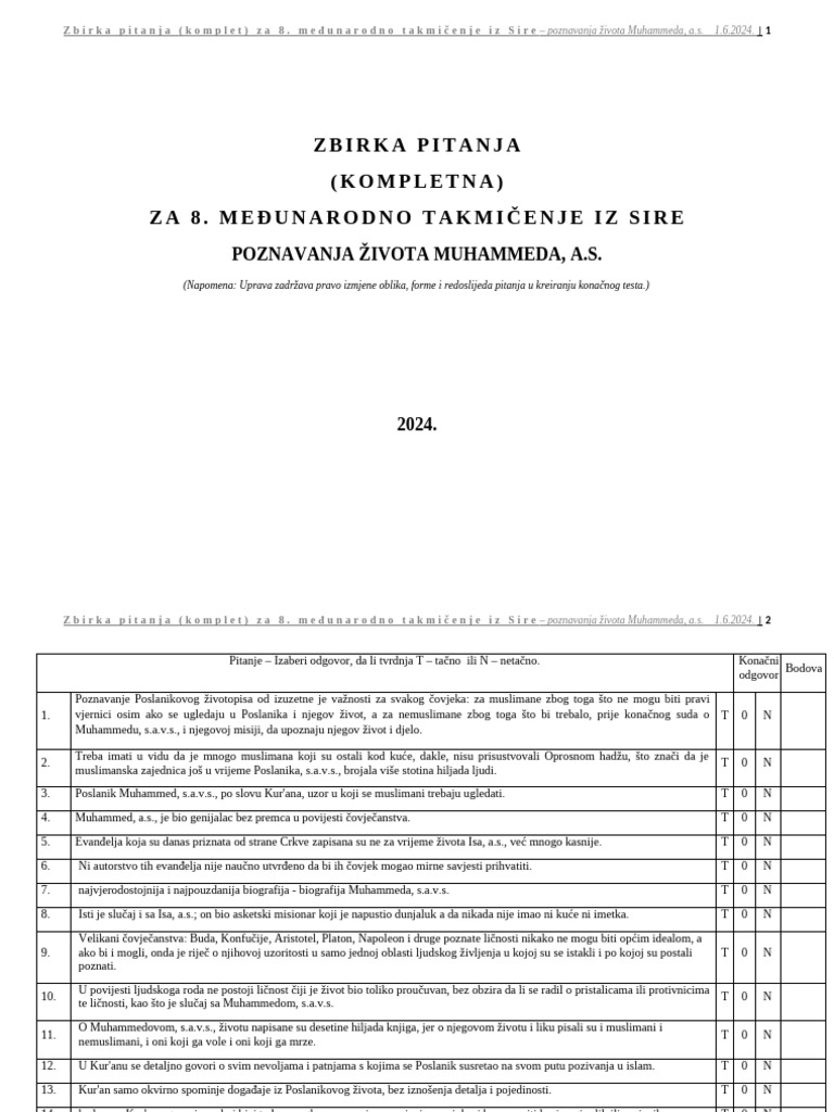 Zbirka Pitanja - Komplet - Za 8. Takmicenje Iz Sire | PDF