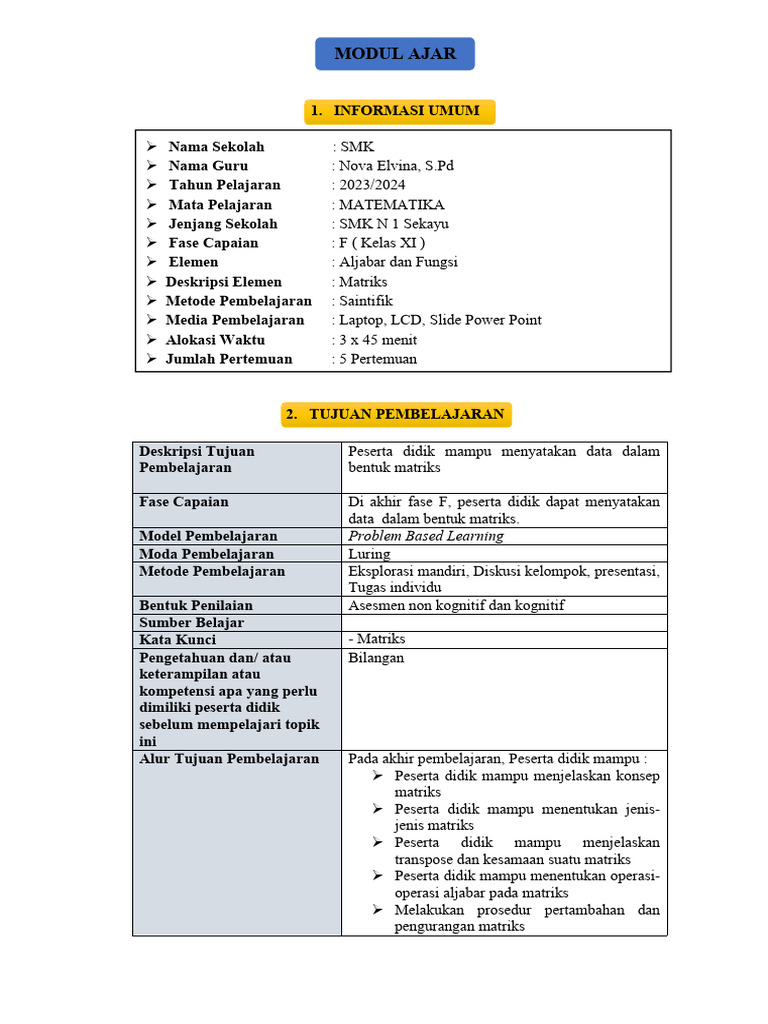 Modul Ajar Fase F Matriks | PDF
