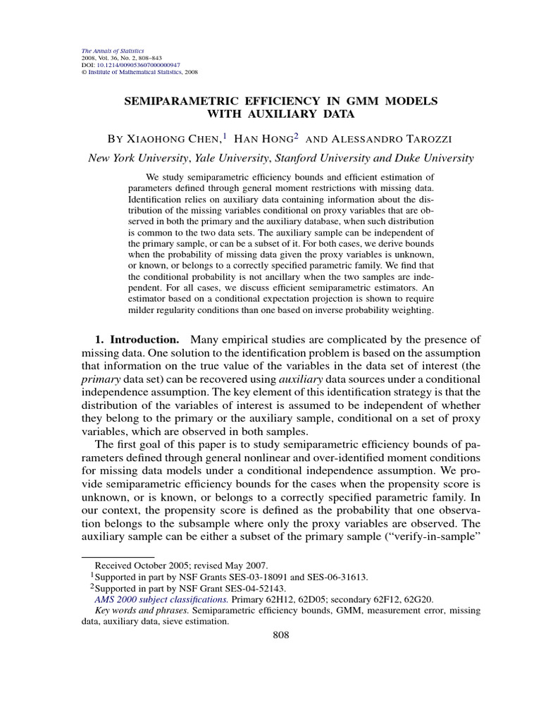 Semiparametric Efficiency In Gmm Models With Auxiliary Data Pdf Estimator Statistics